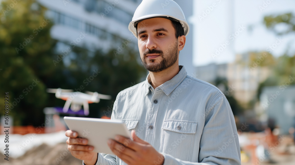 Civil engineers operating drone survey equipment and analyzing ...