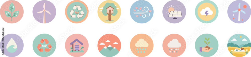 16 Round Badge Icons of Environmental Sustainability and Renewable ...