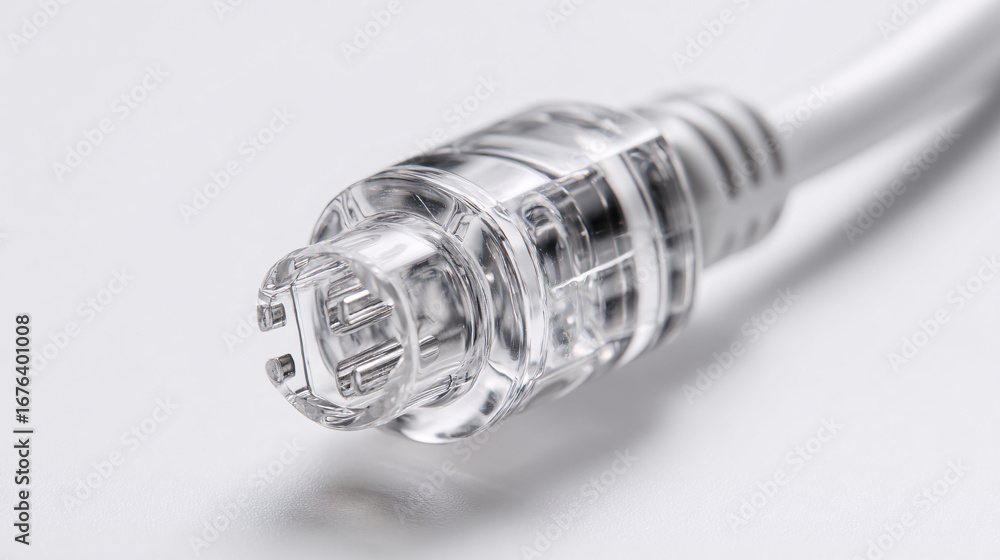 close-up of single clear ethernet cable plug with sharp molded details ...