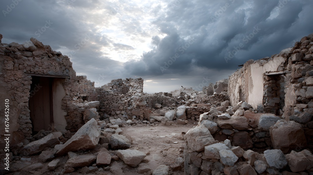 A desolate, stone-walled village, ravaged by time and weathering ...