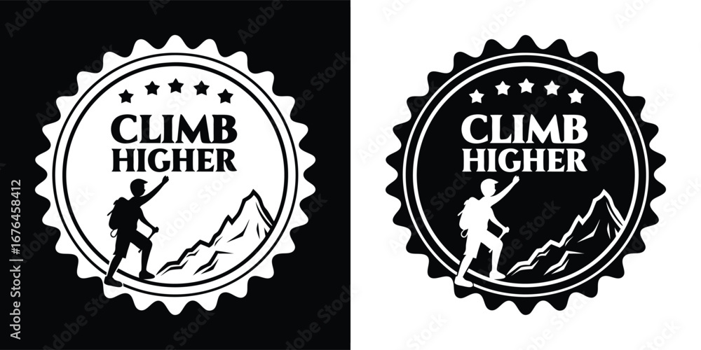 Climb higher logo with a hiker silhouette ascending a mountain ...