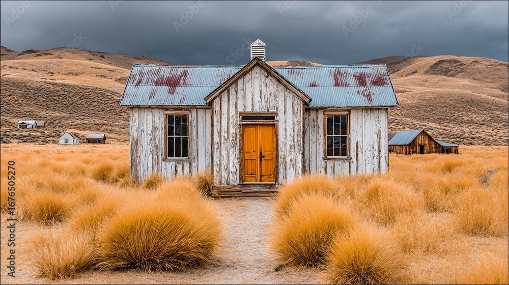 Ruined haunted house with rusted hinges and dry grass surrounding it ...