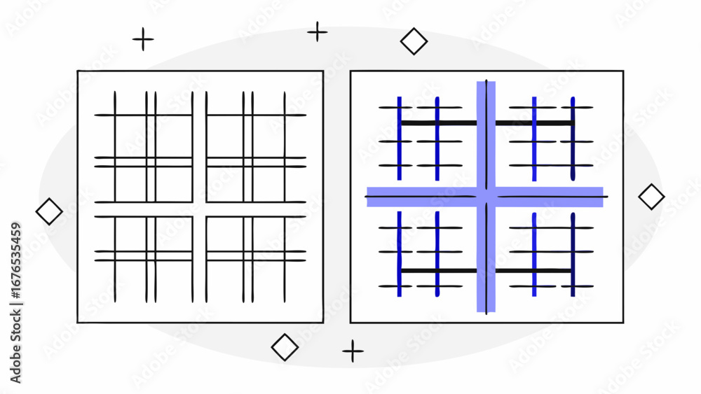 Visual comparison of a grid structure with and without highlighted ...