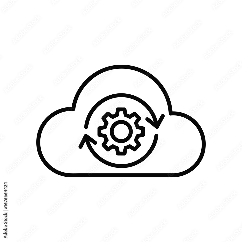Cloud Synchronization Icon: A sleek black and white line art depiction ...