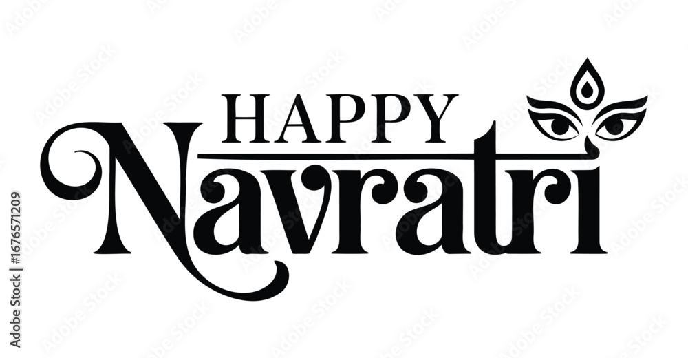 Stylized “Happy Navratri” text with decorative font and divine eye ...