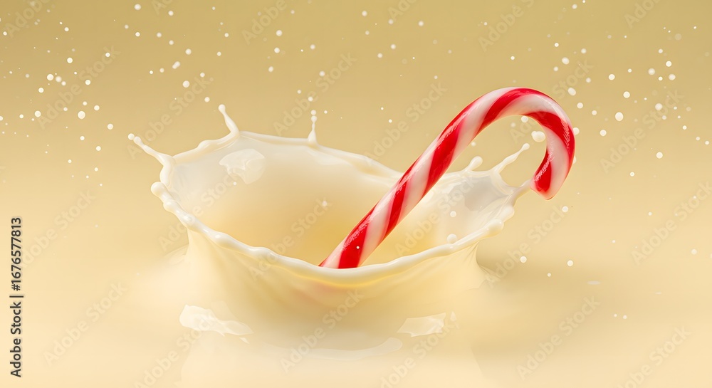 Candy cane splashing into creamy liquid creating a splash with a beige ...