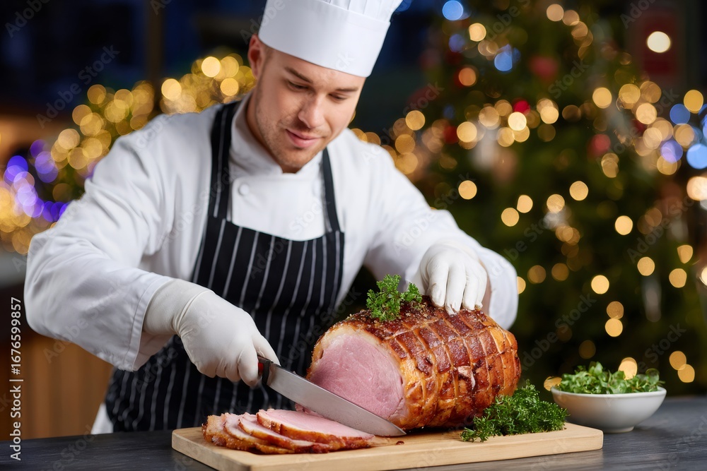 Foto de Stock Chef slicing christmas ham during festive dinner ...