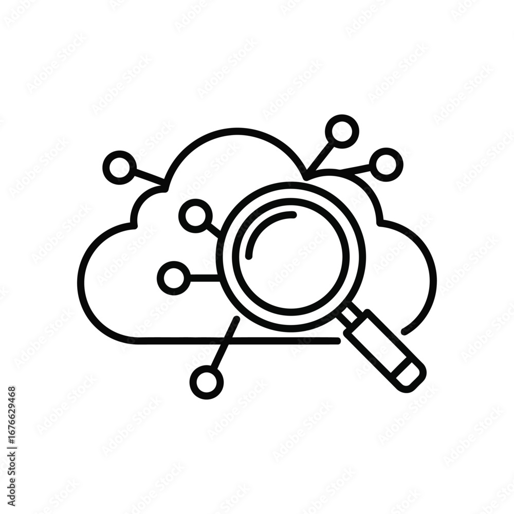Cloud Data Analysis: A magnifying glass examines a cloud computing structure, visualizing in ...