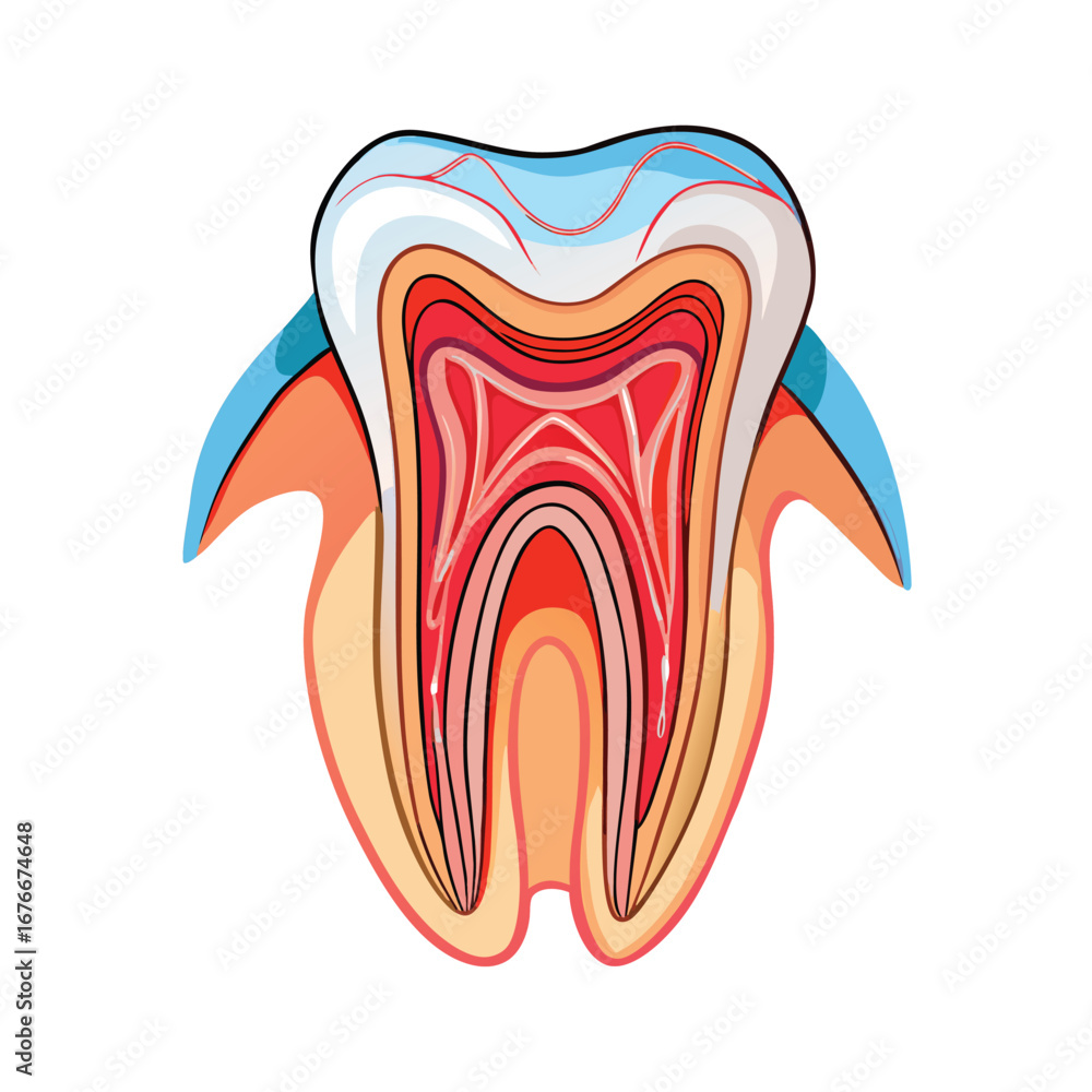 Detailed cross section of a healthy tooth with visible layers and blood ...