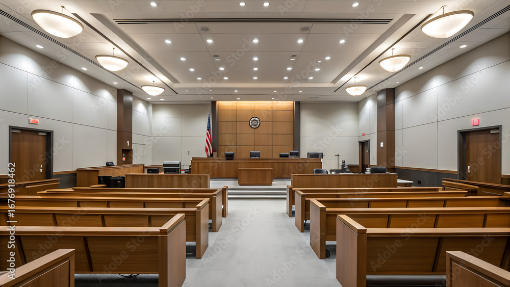 Empty courtroom with wooden benches judge desk and US flag illuminated ...