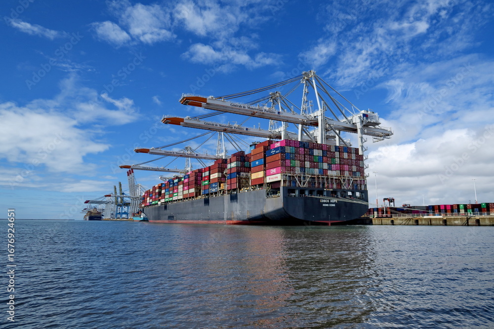 Cargo porte-container sur un quai de déchargement avec portique géant ...