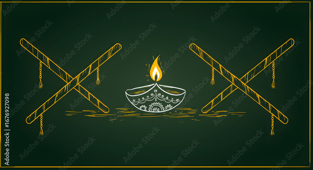 Navaratri greeting card art with a dandiya stick and diya lamp a ...