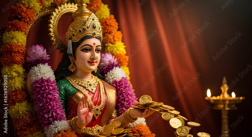 Beautiful statue of hindu goddess lakshmi with a gold coin a concept ...