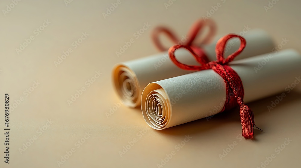 Elegant diploma scroll tied with ribbon on white clean background ...