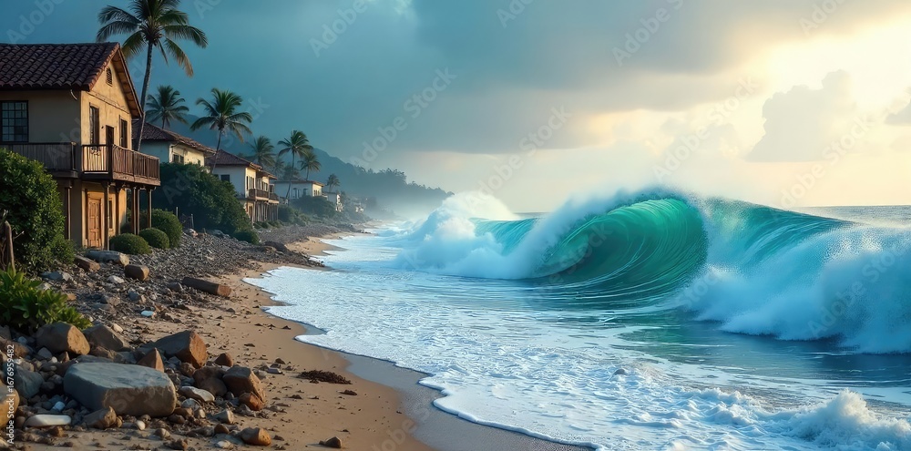 Stock-Illustration „Devastating tsunami wave crashes over coastal ...