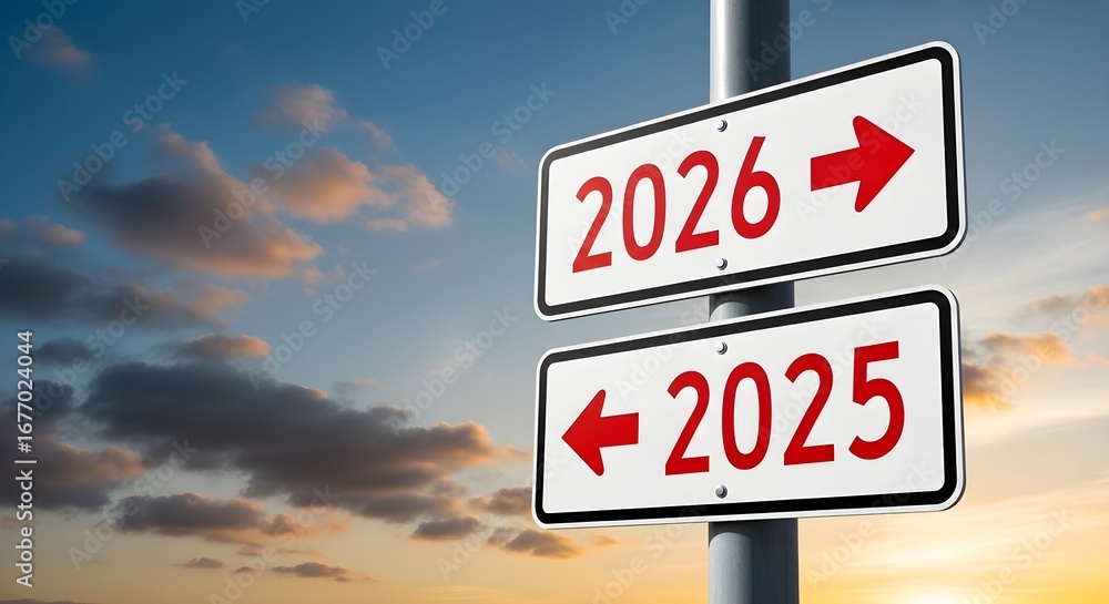 Signpost showing the years 2025 and 2026, representing decisions about ...