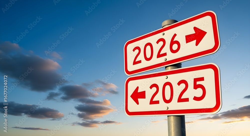 Signpost showing the years 2025 and 2026, representing decisions about ...