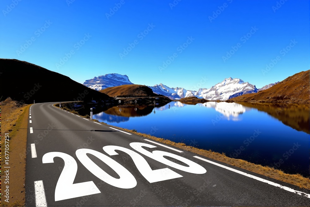 Winding road with white numbers 2026 starts New Year 2026, surrounded ...