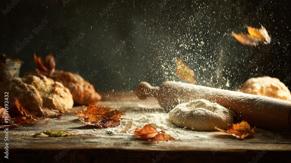 Autumnal bakery still life: flour-dusted table, dough, falling leaves ...