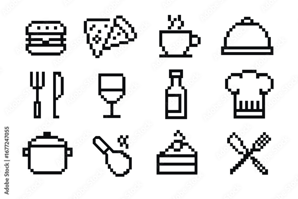 Food and dining pixel art icons set. 8-bit retro gaming style vector ...