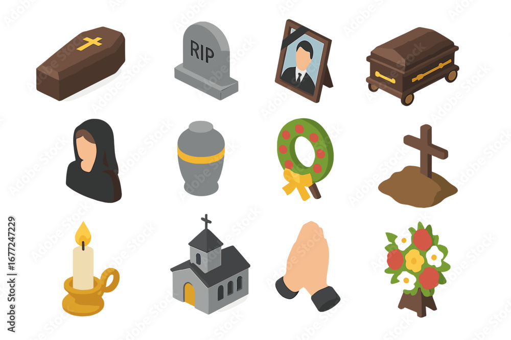 Funeral and memorial service isometric icon set. 3D vector symbols for ...