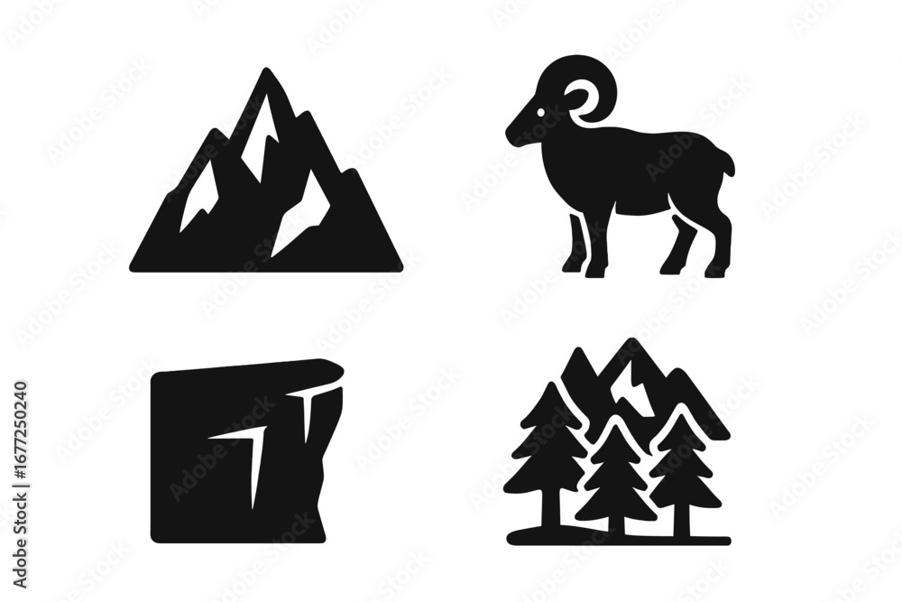 Mountain habitat vector icon set. Solid filled pictograms include wild ...