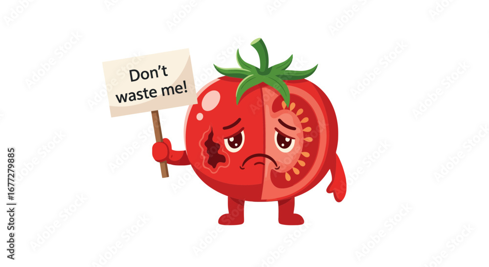 Sad half-rotten tomato character holding a protest sign against food ...