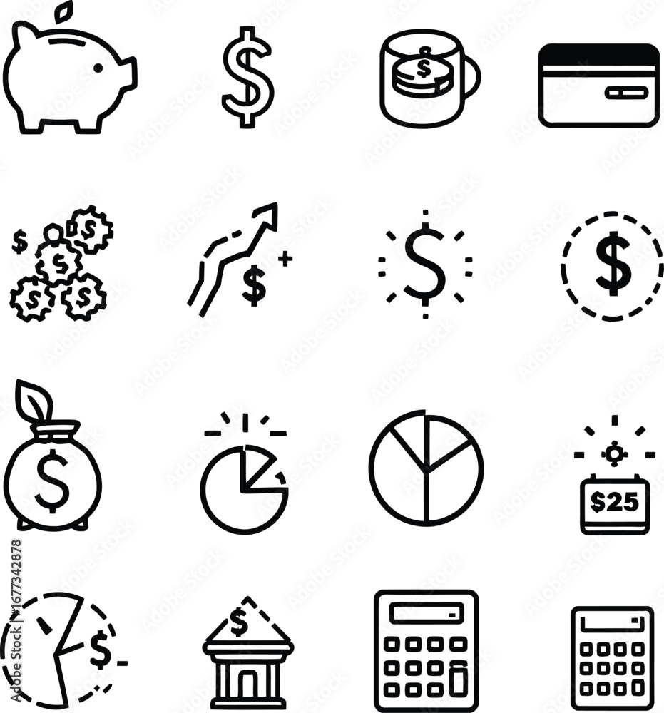 Finance Icon Grid Black and White Line Art Featuring Piggy Bank, Credit ...