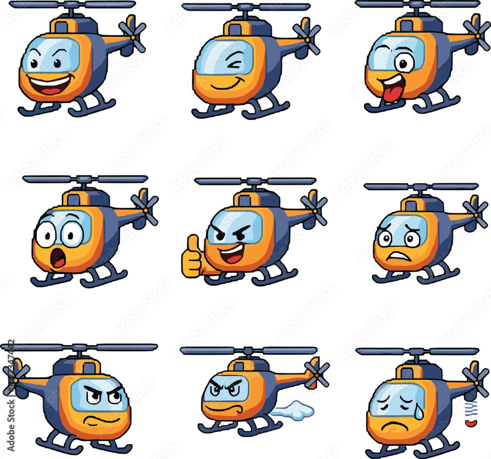 Cartoon helicopters express diverse emotions. Pixel art style emoticons ...