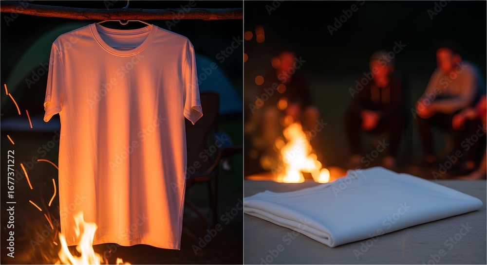 Blank white t-shirt mockup hanging over a campfire at night with a ...