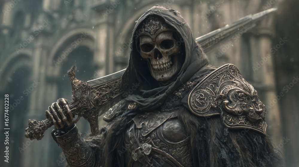 Skeleton knight in armor holding sword in haunted castle. halloween ...