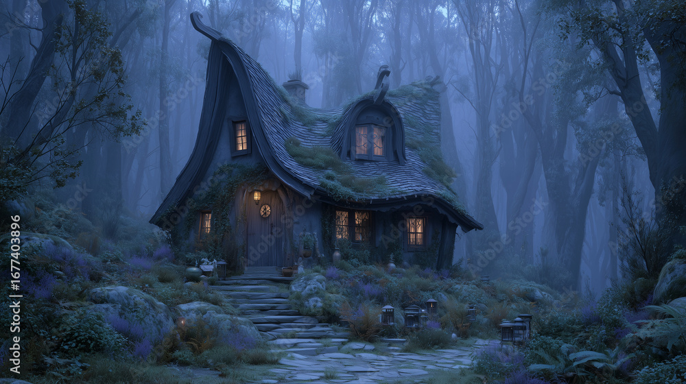 Witchâ s haunted cottage in foggy forest with glowing windows ...