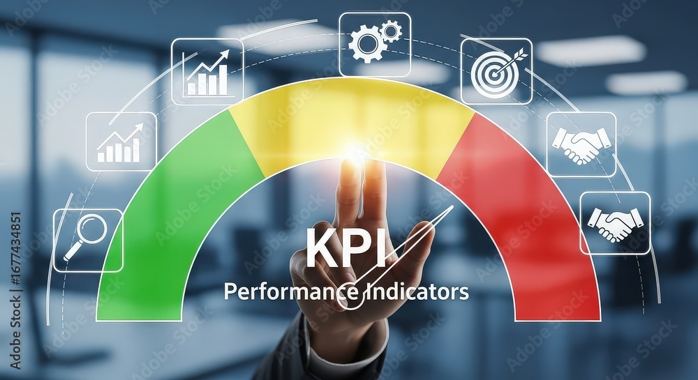 Business performance dashboard with kpi gauge and digital icons ...