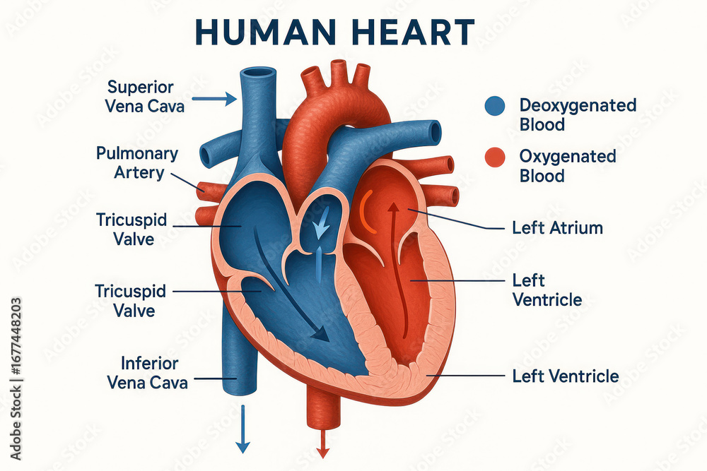Human Heart Diagram Illustration, Blood Circulation, Anatomy, Medical ...
