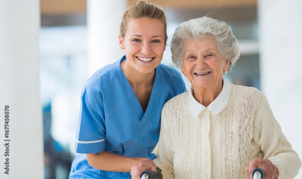 Foto A smiling nurse in blue uniform assists an elderly woman using a ...