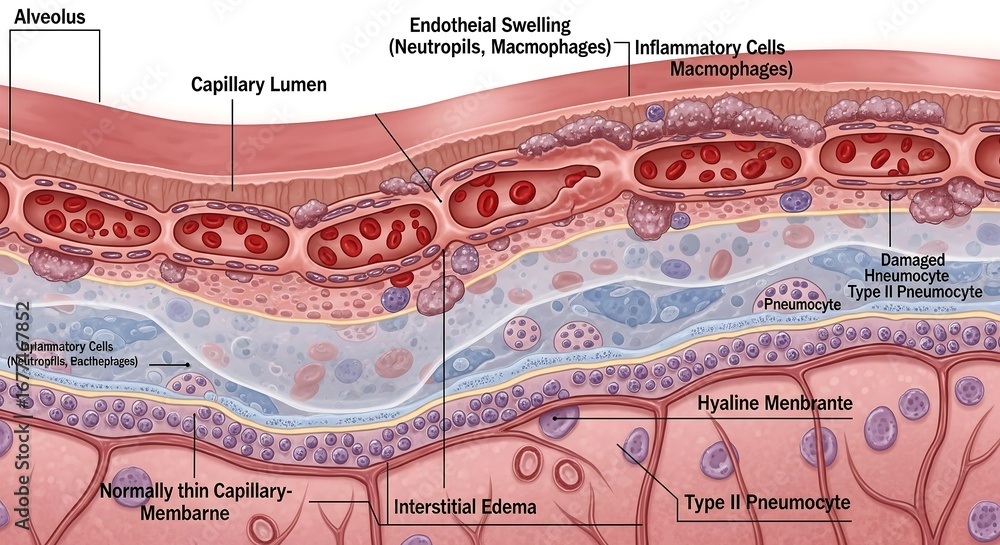 Medical illustration of acute lung injury showing alveolar-capillary ...