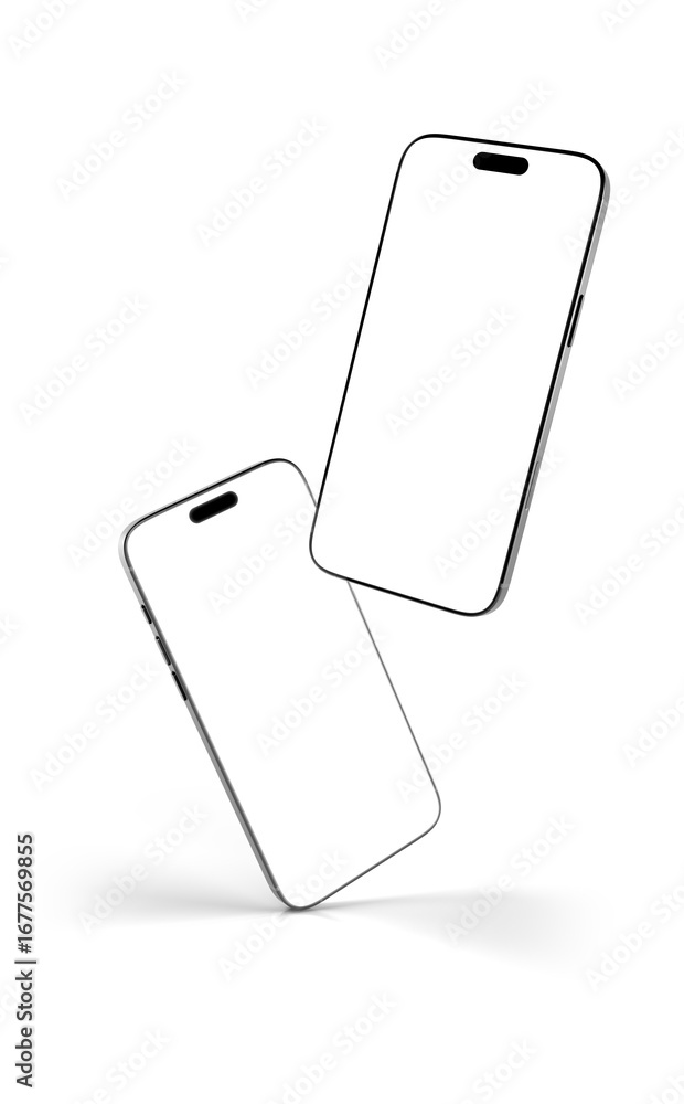 Two mobile phones with shadow floating on transparent background. Blank ...