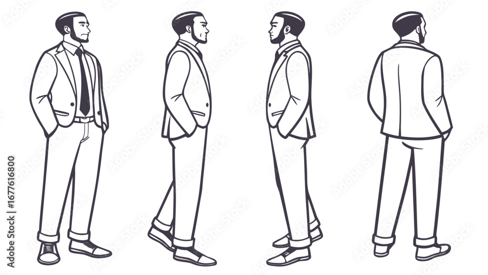 Four line drawings of a man in a suit in different poses and angles on ...