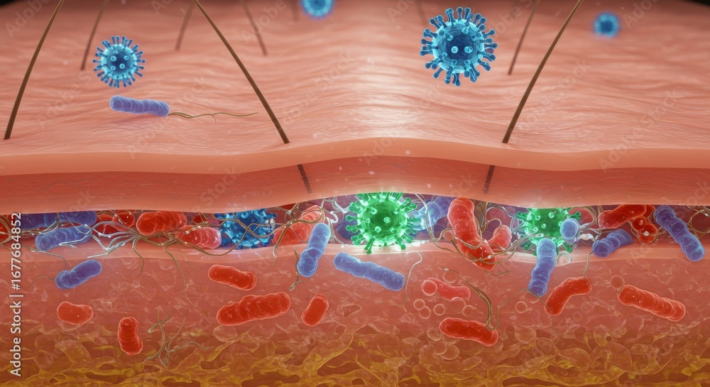 Medical Illustration of Viruses and Bacteria Penetrating Human Skin ...