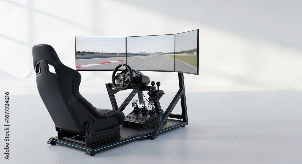 Racing simulator set up with a gaming seat and triple monitors ...