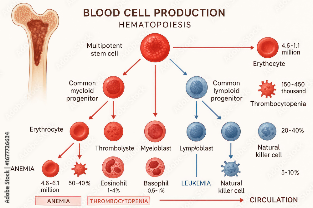 Hematopoiesis Blood Cell Production Illustration - Detailed Diagram of ...