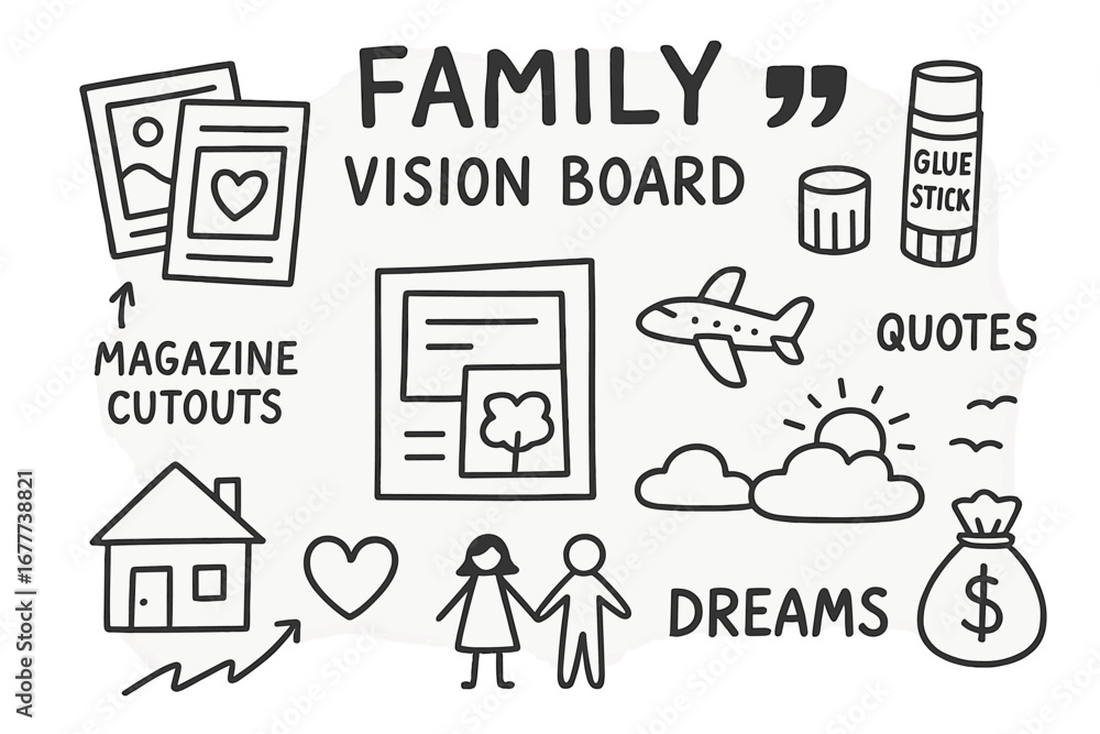 Family Vision Board. Family vision board doodle set: hand drawn icons ...
