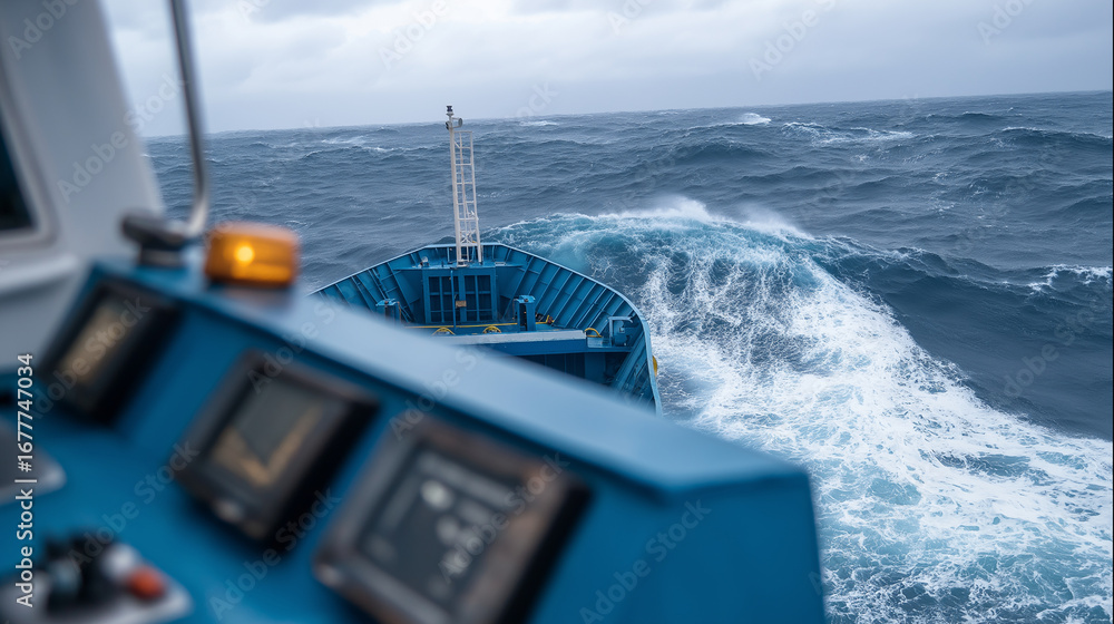 Container ship navigating through massive storm swells with cargo ...