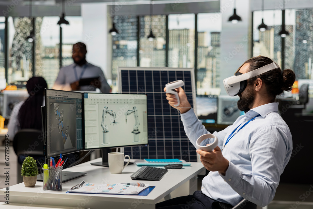Engineer uses VR headset to optimize sustainable solar panel fabrication with advanced assembly ...