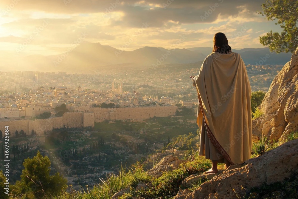 An Easter banner showcasing Jesus overlooking the city of Jerusalem ...