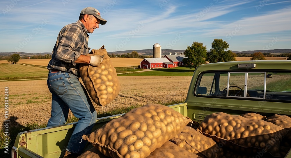 An active farmer is harvesting and loading potato sacks into a truck ...
