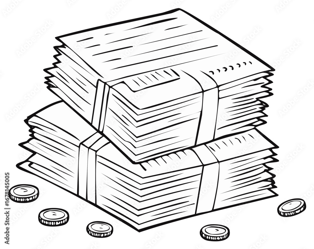 Stacks of paper documents tied with bands and scattered coins Stock ...