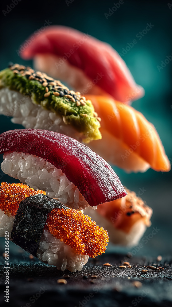 Floating Sushi Array with Vibrant Types and High-Contrast Lighting ...