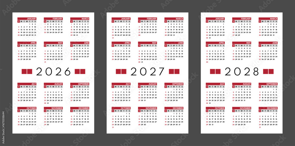 2026 2027 2028 pocket size 12 month calendars, whole year grid ...
