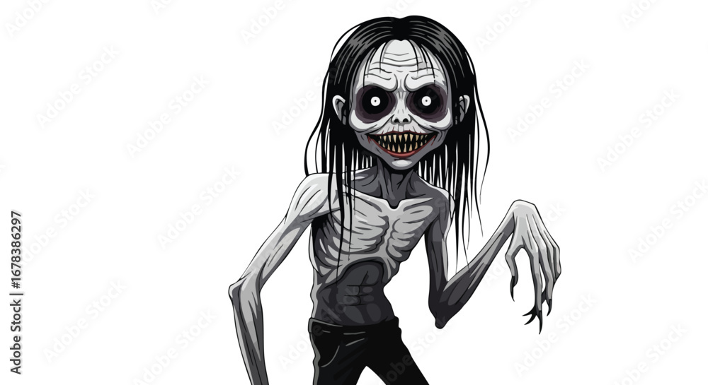 Cartoon illustration of a terrifying and emaciated spectral figure with ...
